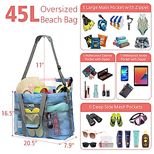 F-color Mesh Beach Bag, 9 Pockets Oversized Beach Tote Bag with Zipper Pool Beach Bag, Blue