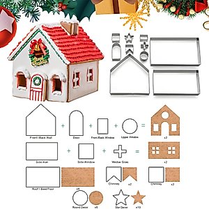 Gingerbread House Cookie Cutter Set, Gingerbread House Kit, Christmas Gingerbread Cookie Cutter for Kids Adults, Holiday Cookie Cutters Mold, 3D Stainless Steel Chocolate Pastry Baking Kit DIY Tool