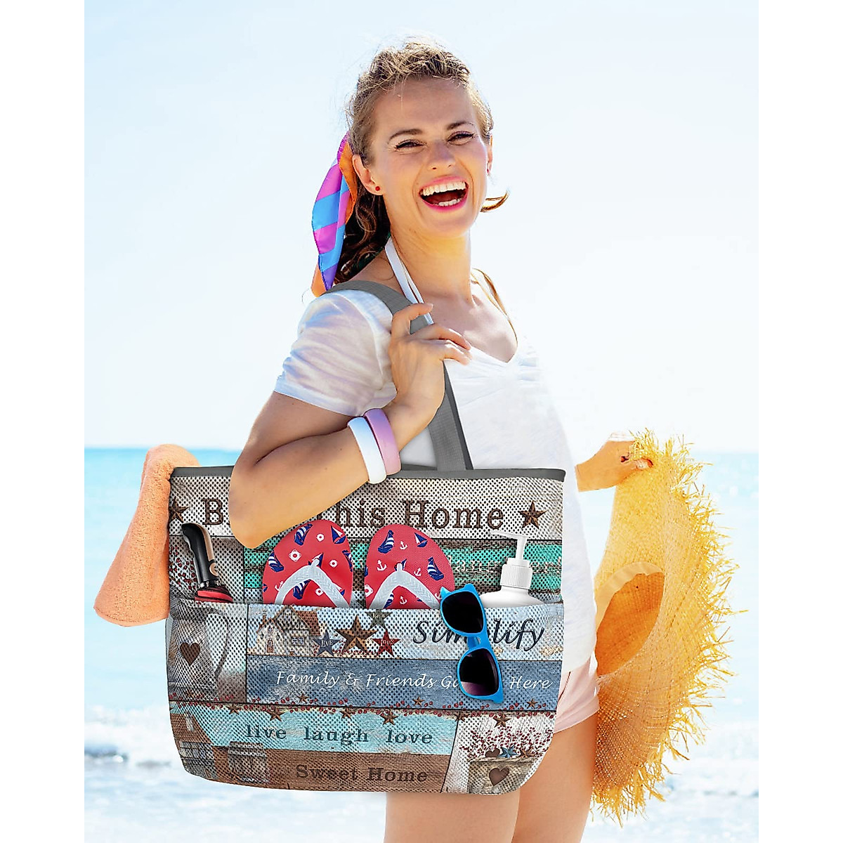 Mesh Beach Tote Bag Western Texas Star 60L Oversize Beach Tote Berries Farmhouse Live Laugh Love Toy Tote Grocery Storage Net Swim Bag with Pockets Foldable Lightweight for Beach Pool 24"x18"x8"