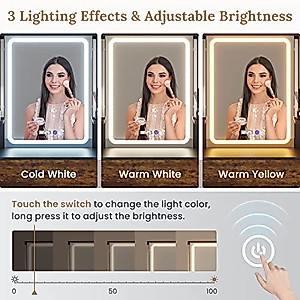 Tiptiper Makeup Vanity with Lights & Charging Station, Vanity Table with Time Display Mirror, Ambient Light, Storage Cabinets, Rustic Brown and Black