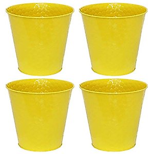 Sunnydaze Galvanized Steel Buckets with Hexagon Pattern - Set of 4 - Yellow - Small Colored Metal Decorative Pails - Indoor Use - Perfect for Storage, Decoration, Gardening and Parties