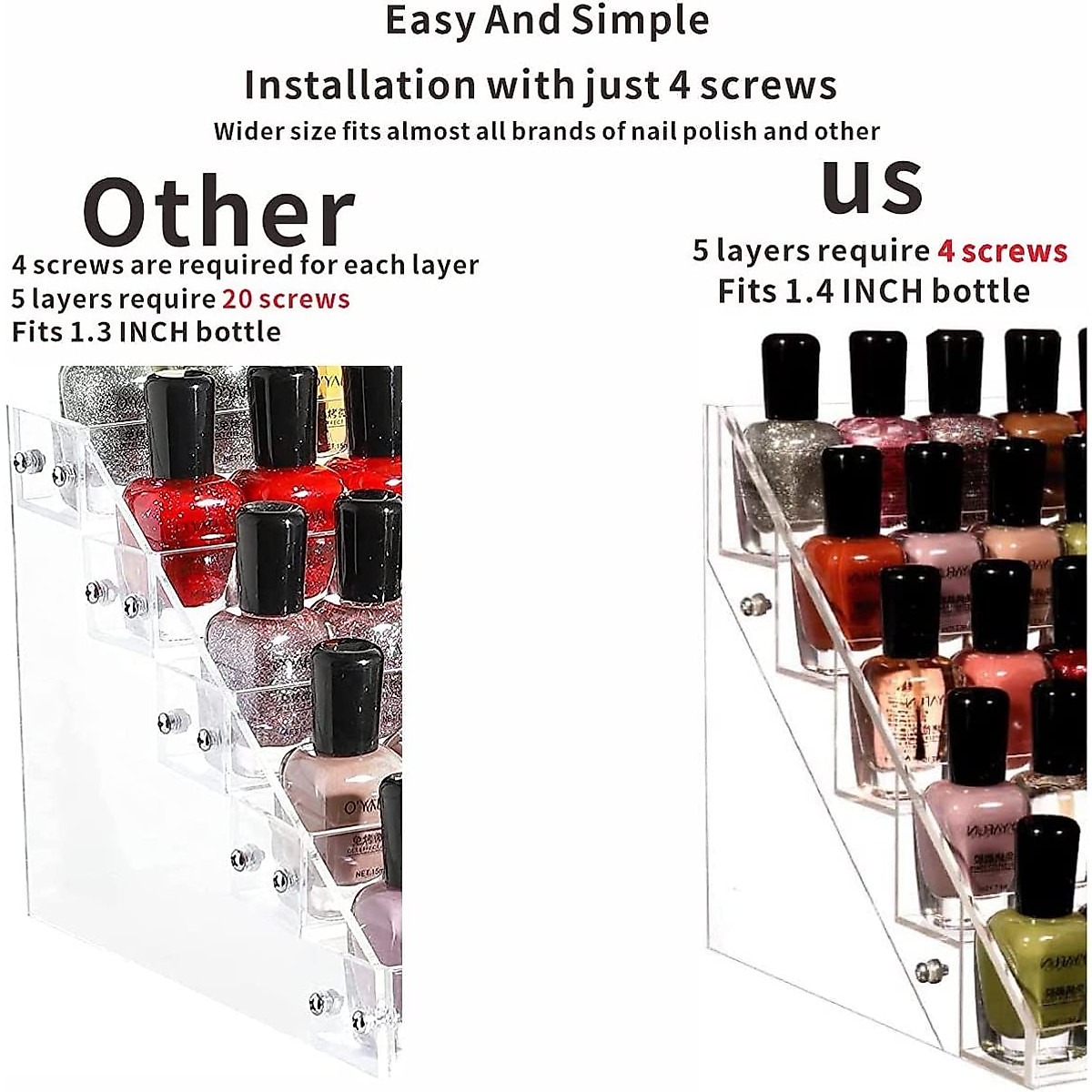 Nail Polish Organizers and Storage for Nail Salon,Clear 72 Bottles of 5 Layers Essential Oil Shelf Gel Fingernail Polish Holder and Tattoo Studio Decor Paint Nail Polish Rack Shelves For Countertops