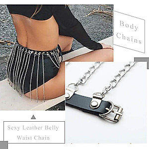 LUDRESS Punk Leather Waist Chain Tassel Dance Skirt Black Belt Belly Chain Hip Body Chain Rave Body Jewelry for Women and Girls