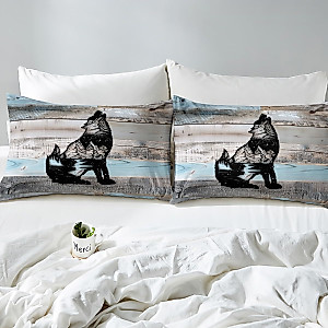 Wolf Duvet Cover Queen Rustic Farmhouse Style Bedding Set,Lodge Cabin Wood Comforter Cover Grey Blue Wooden Plank Woodland Wildlife Bed Set,Western Wild Animal Black Sketch Drawing Room Decor