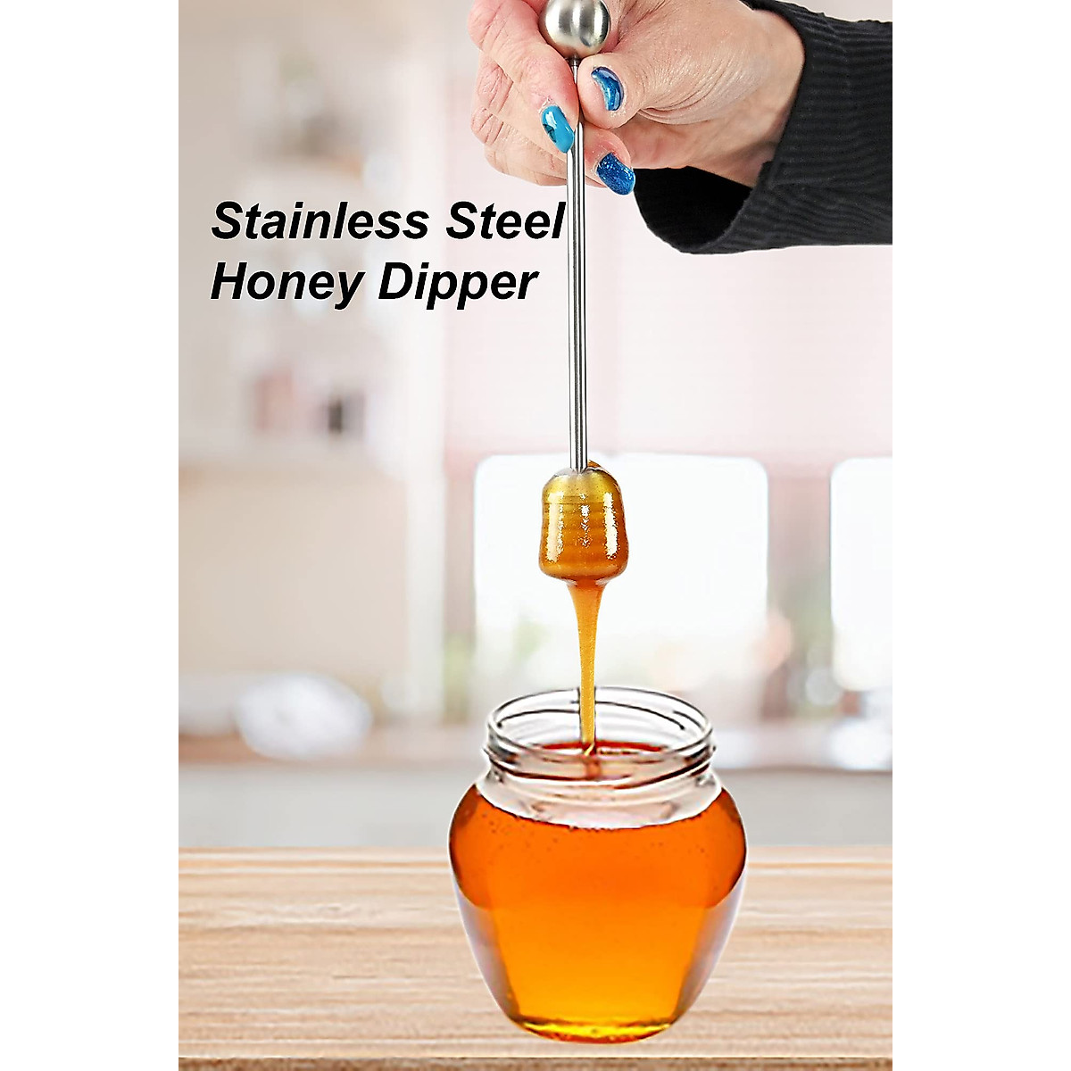 HOME-X Stainless-Steel Honey Dipper Wand for Honey Jars, Stainless-Steel Stirrer for Serving Honey and Syrup, Candy and Chocolate Drizzler Tool, 6 ¼” L x ¾” D, Stainless Steel