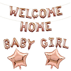 Welcome Home Baby Girl Letter Balloon Banner with Star Foil Balloons for Newborn Baby Girl Baby Shower Home Family Party Decorations(Rose Gold)