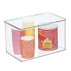 mDesign Plastic Kitchen Pantry and Fridge Storage Organizer Box Containers with Hinged Lid for Shelves or Cabinets, Holds Food, Snacks, Canned Drinks, Seasoning, Lumiere Collection, Clear