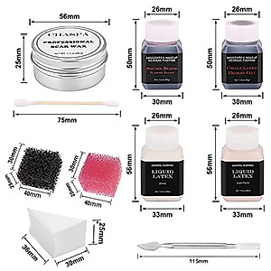 CHASPA Halloween Liquid Latex Special Effects SFX Makeup Kit - Scar Wax + 2 Btl Liquid Latex + 2 Btl Fake Blood + Spatula Tool + 2Pcs Stipple Sponge + 4Pcs Makeup Sponges + Cotton Swabs
