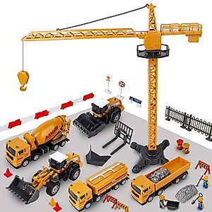 Meland Construction Vehicle Truck Toy Set - 64PCS Kids Engineering Truck Playset with Mat, Crane, Cement, Fuel Truck,Wheel Loader with 3 Interchangeable Parts,Birthday for Boys Toddlers