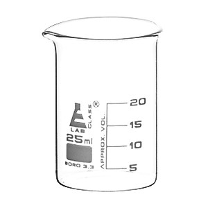 EISCO Beaker, 25ml - Low Form with Spout - White, 5ml Graduations - Borosilicate 3.3 Glass