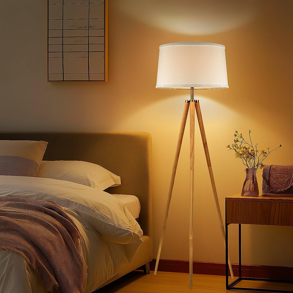 Kira Home Grace 60.5" Mid Century Modern Tripod LED Floor Lamp + Energy Efficient 9W Bulb, Wooden Tripod Legs + White Shade