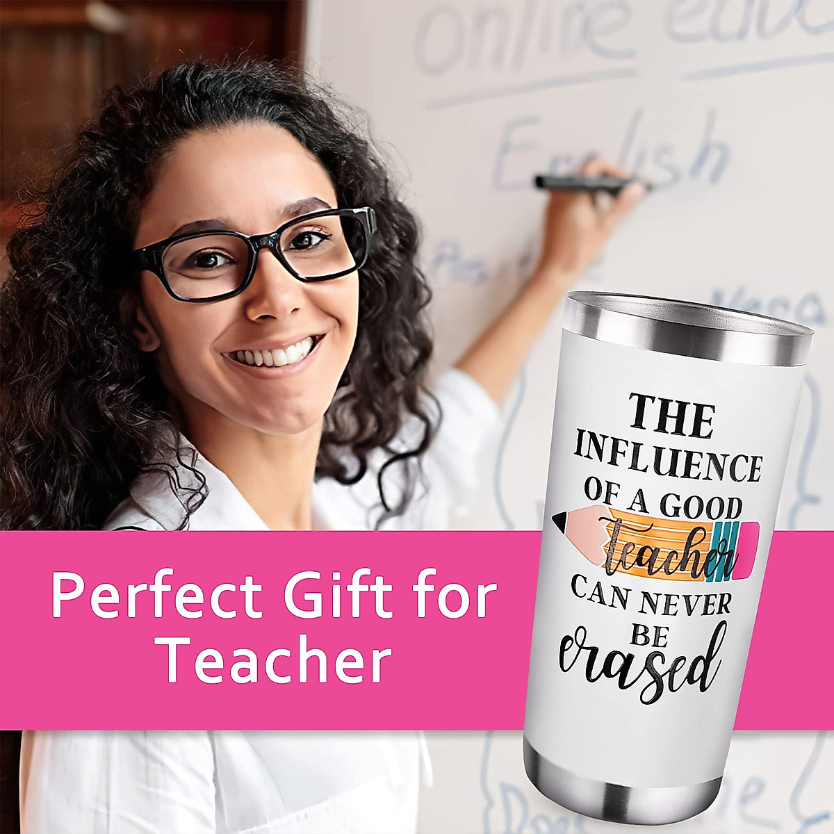 Zzkol 20 oz Influence Of A Good Teacher Can Never Be Erased Back to School Vacuum Double Wall Insulated Tumbler with Lid and Straw, Stainless Steel Travel Coffee Cup Graduation Appreciation Mug Gifts