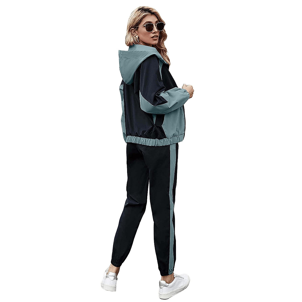 SweatyRocks Women's 2 Piece Outfits Long Sleeve Full Zip Jacket and Pants Tracksuit Set Green Black L