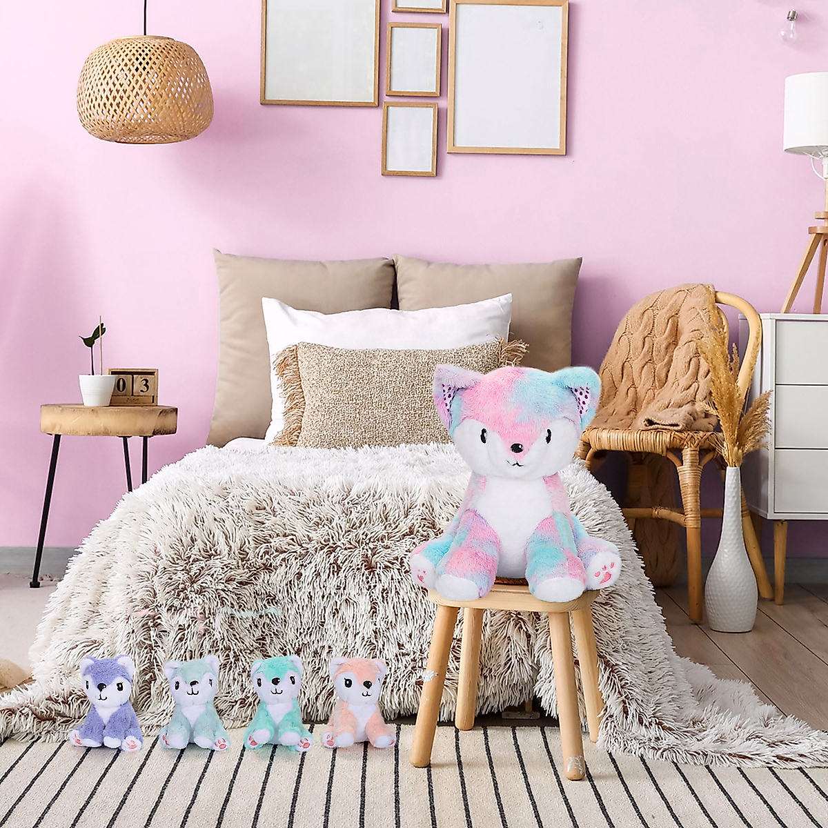 Smikawy Fox Stuffed Animal Set - Fluffy Rainbow Fox Toys Family, Perfect for Christmas or Birthday Gifts for Girls & Boys