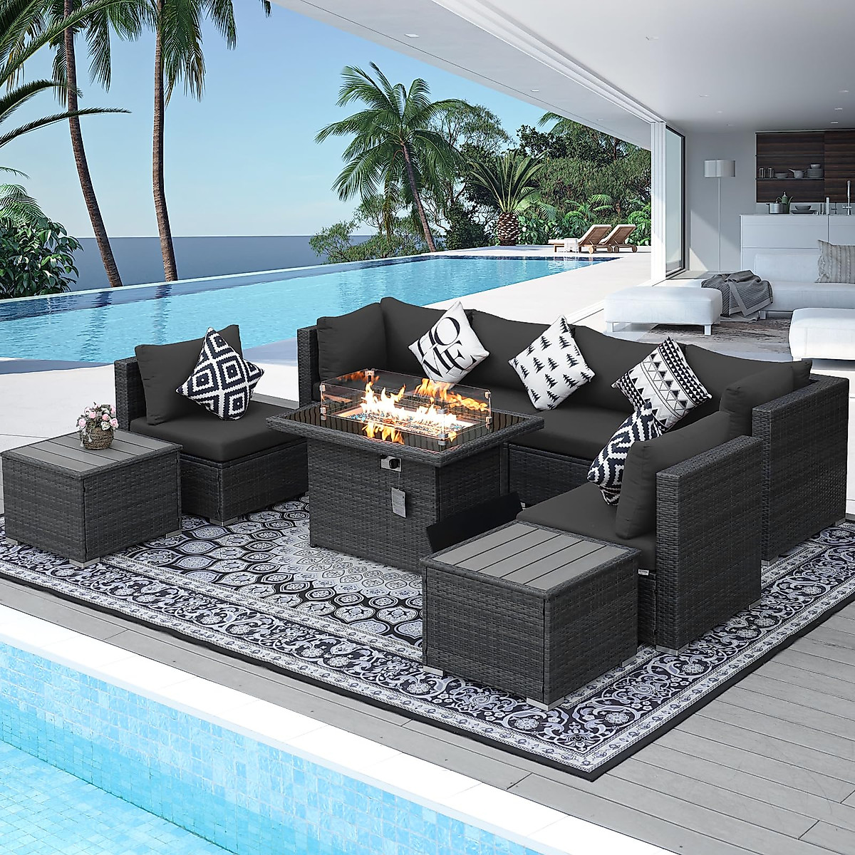 NICESOUL® 9 Pieces Outdoor Patio Sectional Furniture Sofa Set with Fire Pit Table Natural Gas Propane, 29.3'' High Back Modern Large Size PE Wicker Conversations with Fireplaces for Backyard