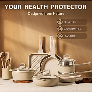 CAROTE Pots and Pans Set Non Stick, 16Pcs Kitchen Cookware Set, Stackable Induction Cookware, Pot and Pan set, Pans for Cooking, Taupe Granite