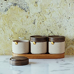 ISABETTA 3 Pcs Sugar Bowls Ceramic Condiment Pots，Ceramic spice jar，Ceramic Seasoning Jar with Wooden Lid Spoon and Tray for Home and Kitchen