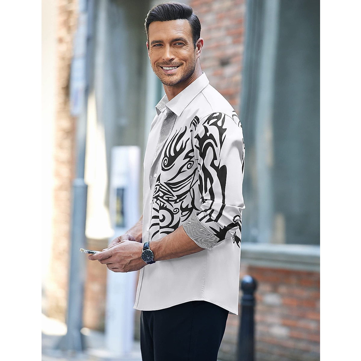 Coofandy Men's Fashion Print Dress Shirt Casual Cotton Button Down Shirts White Medium