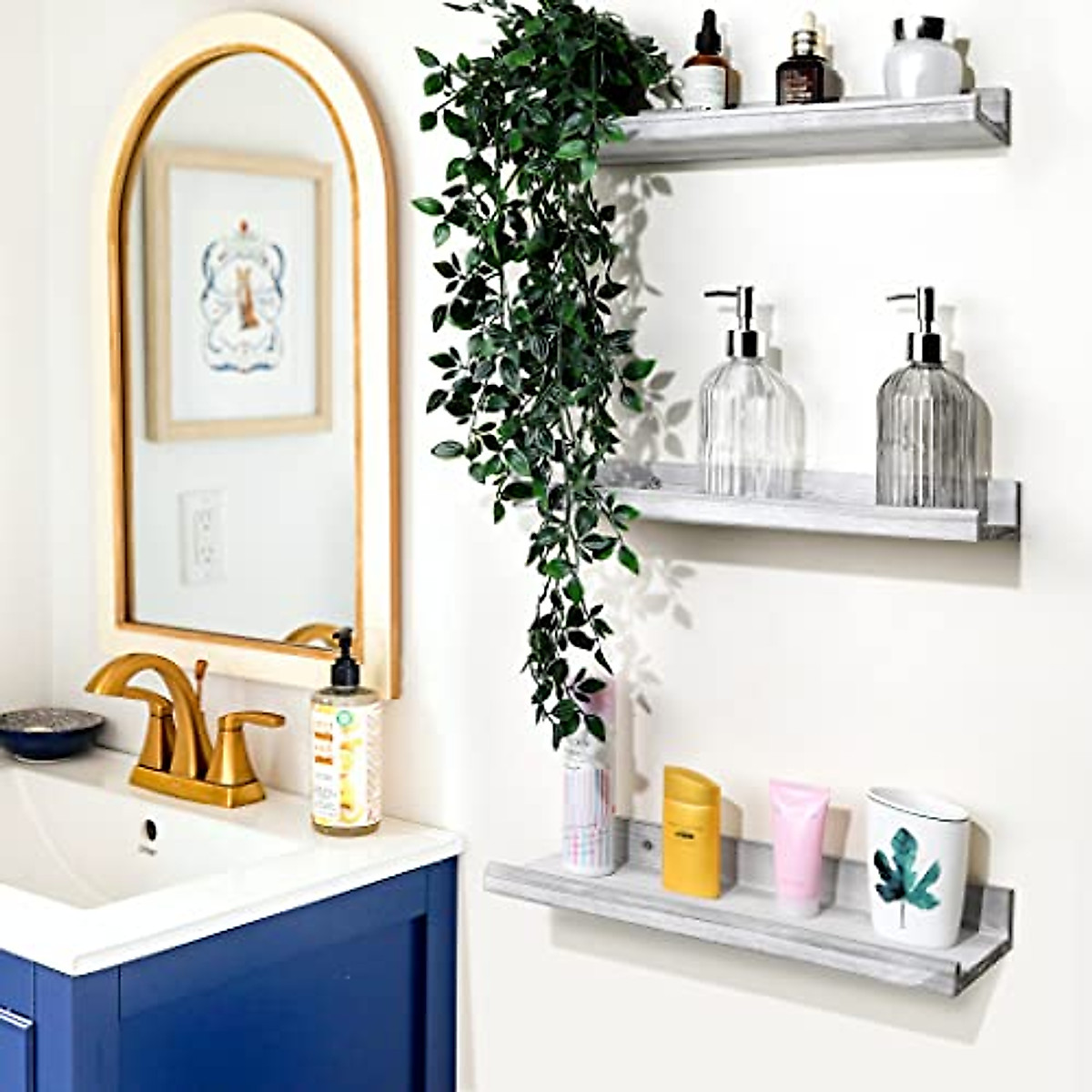 Annecy Floating Shelves Wall Mounted Set of 3, 16 Inch Gray Solid Wood Shelves for Wall, Wall Storage Shelves with Guardrail Design for Bedroom, Bathroom, Kitchen, Office, 3 Different Sizes