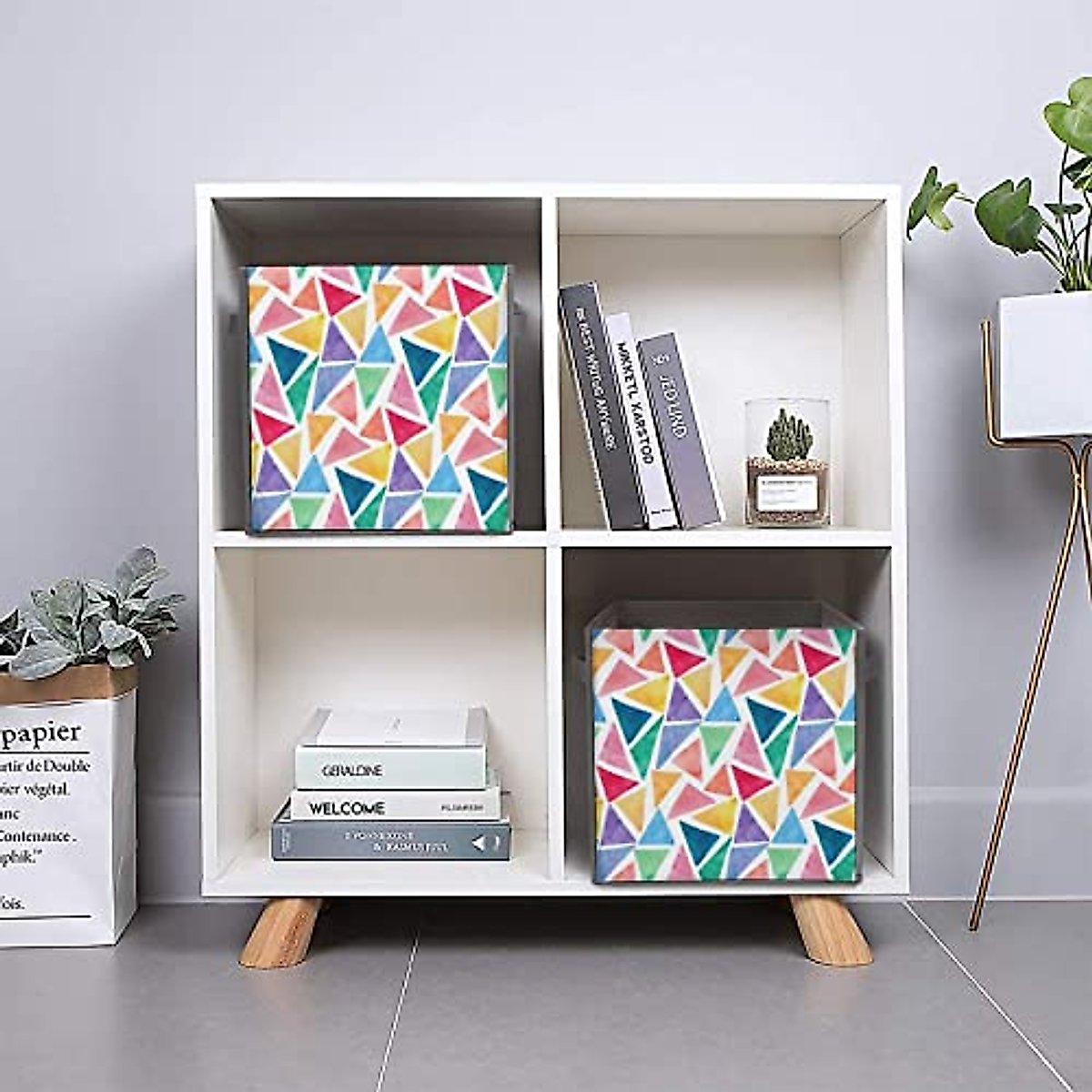 Watercolor Triangle Pattern Collapsible Storage Bins Basics Folding Fabric Storage Cubes Organizer Boxes with Handles