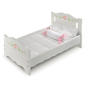 Badger Basket Toy Doll Bed with White Bedding and Personalization Kit for 20 inch Dolls - White Rose