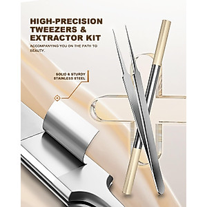 SGNEKOO Professional Facial Milia Removal Tool and Whitehead Extractor,Titanium Alloy Double Ended Needle and Steel Tweezers Kit,Blackhead,Blemish,Zit and Pimple Acne Remover Popper (Titanium Gold)