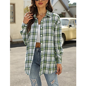 HangNiFang Flannel Plaid Shirts for Women Oversized Button Down Shirts Blouse(0768-LightGreen-L)