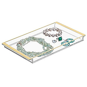 mDesign Plastic Bathroom Counter Tray and Organizer - Perfume, Guest Hand Towel, Makeup, and Accessory Holder Tray for Bathroom Countertop and Vanity - Petal Collection - Clear/Soft Brass