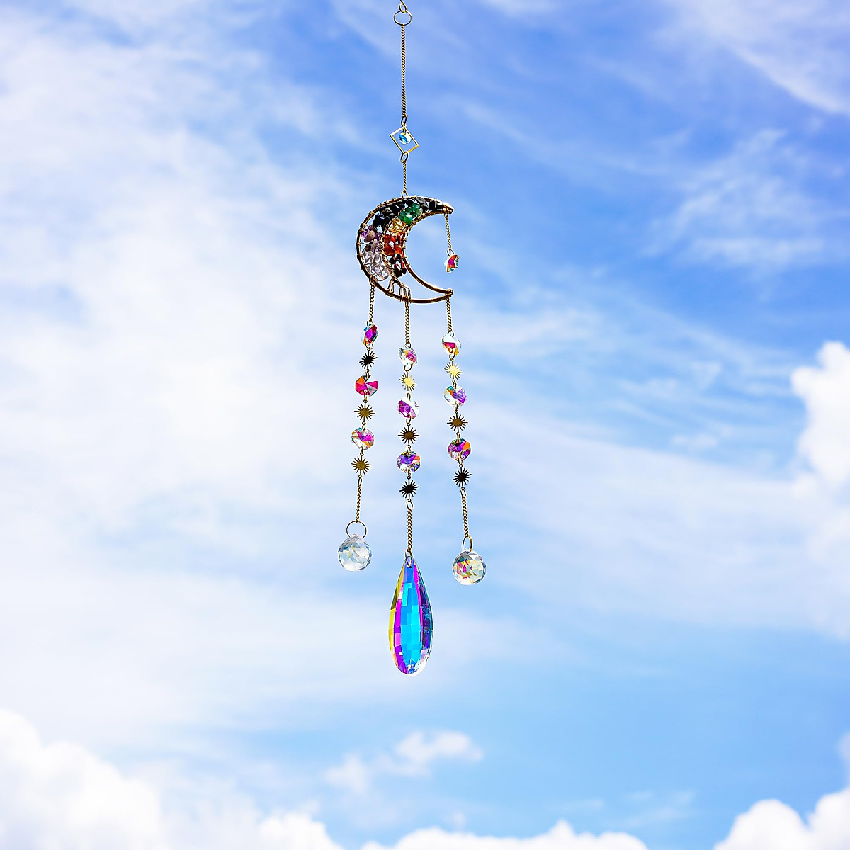 Chakra Tree of Life Crystal Suncatcher for Windows,Rainbow Maker Half Moon Sun Catcher with Crystal Prisms Hanging Crystals for Garden Home Decoration