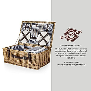 PICNIC TIME Belmont Picnic Basket for 4 - Wicker Picnic Baskets - 4 Person Picnic Set, Navy Blue & White Stripes