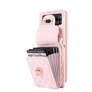 for Samsung Galaxy Z Flip 5 Wallet Case with Card Holder, Rhombus Crossbody Lanyard PU Leather Wallet for Women Men Protective Case,Pink,for Samsung Z Flip 3