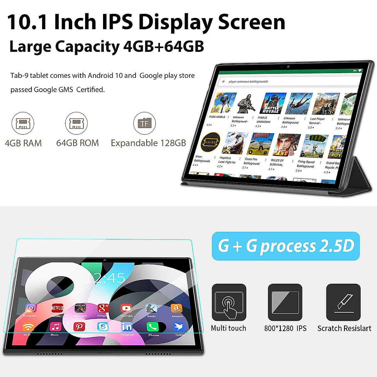 AOYODKG Android 11 Tablet 10 Inch, 4GB RAM 64GB ROM 128GB ROM Expand, Octa Core 1.6GHz Google GMS Certified Tablets, Dual Camera 5G WiFi 1280x800 Full HD IPS PC with Keyborad Mouse Stylus, AYO-9