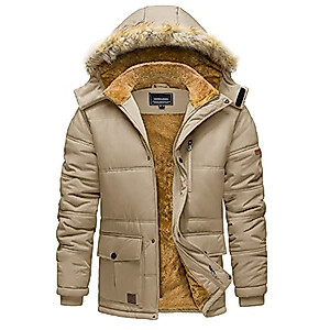 TACVASEN Men's Parka Jacket Winter Warm Fleece Liner Snow Ski Hiking Coats Hooded Khaki, L