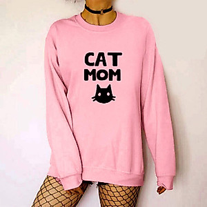Sweatshirts for Women, FAPIZI Women Fashion Letter Cat Printed Crew Neck Pullover Casual Long Sleeve Solid Color Tops