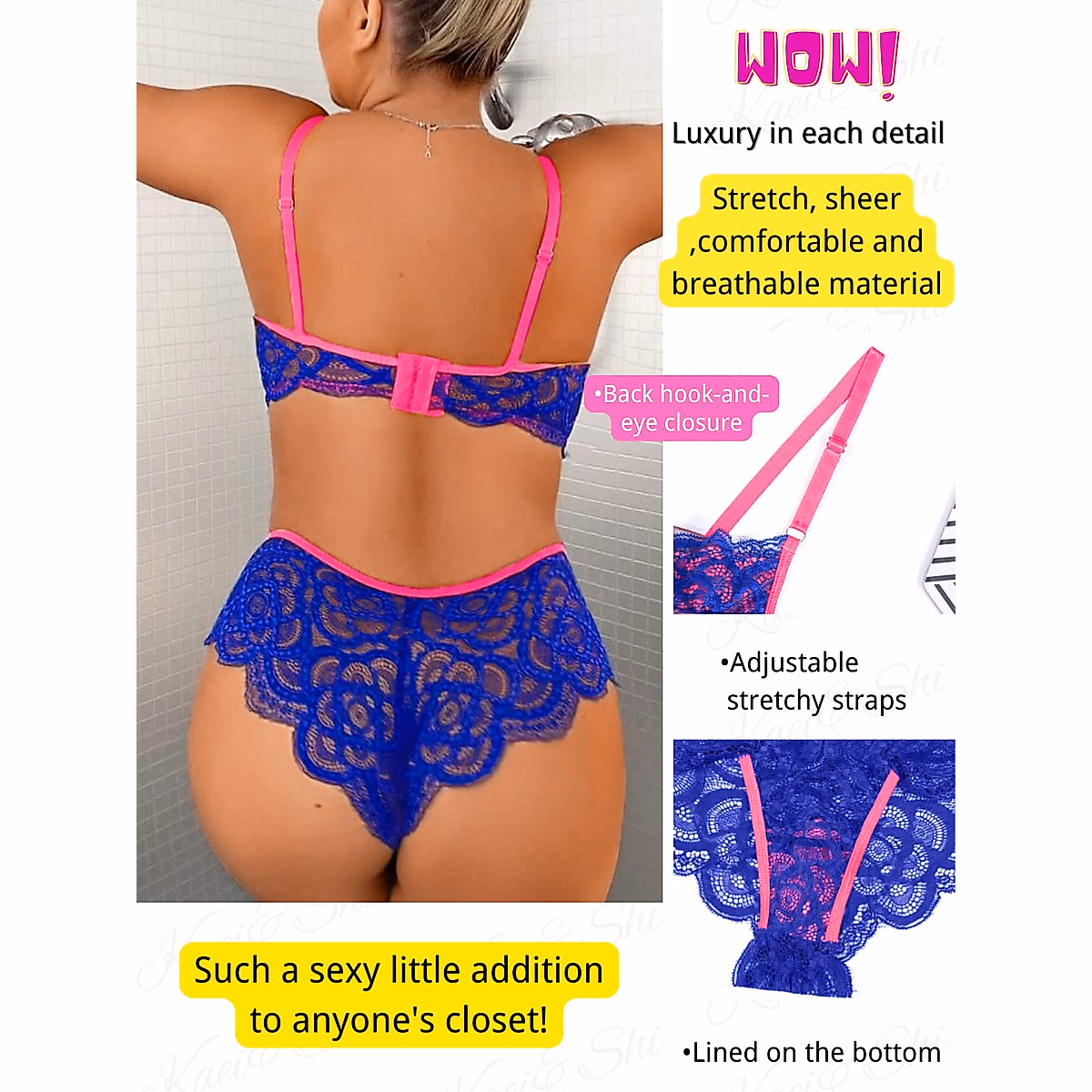 Kaei&Shi Sexy Bra And Panty Sets,Underwire Floral Lace Lingerie For Women, Sheer Scalloped Neon Matching Two Piece Lingerie Set Petite Boudoir Blue Small