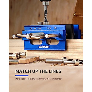DAYDOOR Wide Capacity Self Centering Doweling Jig Kit, Adjustable Width Dowel Jig for Woodworking, 6.7inch Centering Jig for Straight Holes Biscuit Joiner Set with 6 Bushings and 3 Drill Bits(Blue)