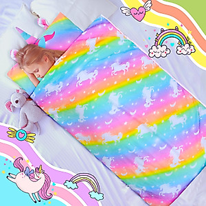 Nap Mat - Unicorn Sleeping Bag Toddler Nap Mat Girls Slumber Bag with Reusable Pillow for Kids Slumber Bag for Elementary Preschool Kindergarten Daycare