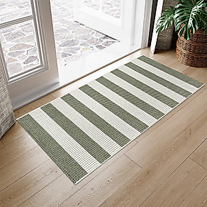 OJIA Green and White Striped Rug 24"x51" Washable Front Door Mat Hand Woven Entry Rug Cotton Indoor Outdoor Rug Small Checkered Rugs for Front Porch Kitchen Entryway Patio Bathroom