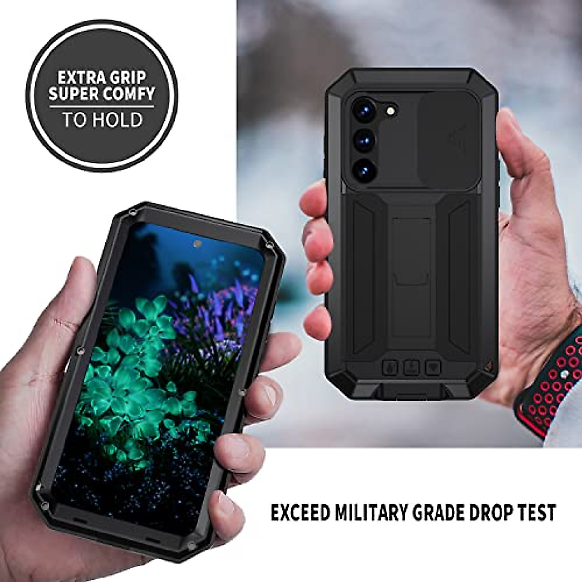 for Samsung Galaxy S23 Plus 5G/S23+ 5G Case,Shockproof Hard Case Aluminum Metal Gorilla Glass Military Heavy Duty Sturdy Protector Cover for Galaxy S23 Plus 5G,with Lens Protection Cover (Black)
