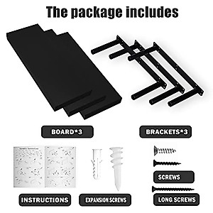 JENGRYOE Floating Shelf,Wall Shelf,Decor Wall Mounted Shelves,Hanging Shelf,for Bathroom Bedroom Kitchen Wall Decor,Black Shelves with Invisible Brackets Set of 3