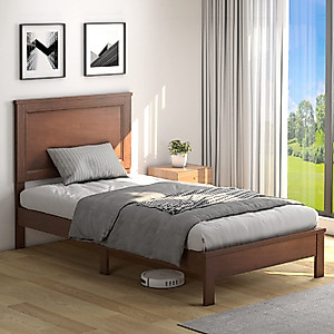 KOMFOTT Twin Size Wood Platform Bed Frame with Headboard, Wooden Mid Century Platform Bed with Slat Support & Under Bed Storage, Mattress Foundation Bed Base, No Box Spring Needed, Walnut