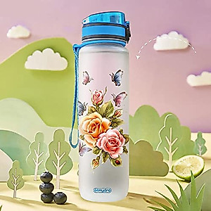 64HYDRO 32oz 1Liter Motivational Water Bottle with Time Marker & Removable Strainer, Butterfly Rose Gifts for Women, Inspirational Gifts for Mom, Daughter, Sister, Friends, Water Tracker Bottles