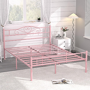 VECELO 14 Inch Queen Size Metal Platform Bed Frame with Headboard and Footboard, Heavy Duty Mattress Foundation with Steel Slats Support, No Box Spring Needed, Pink