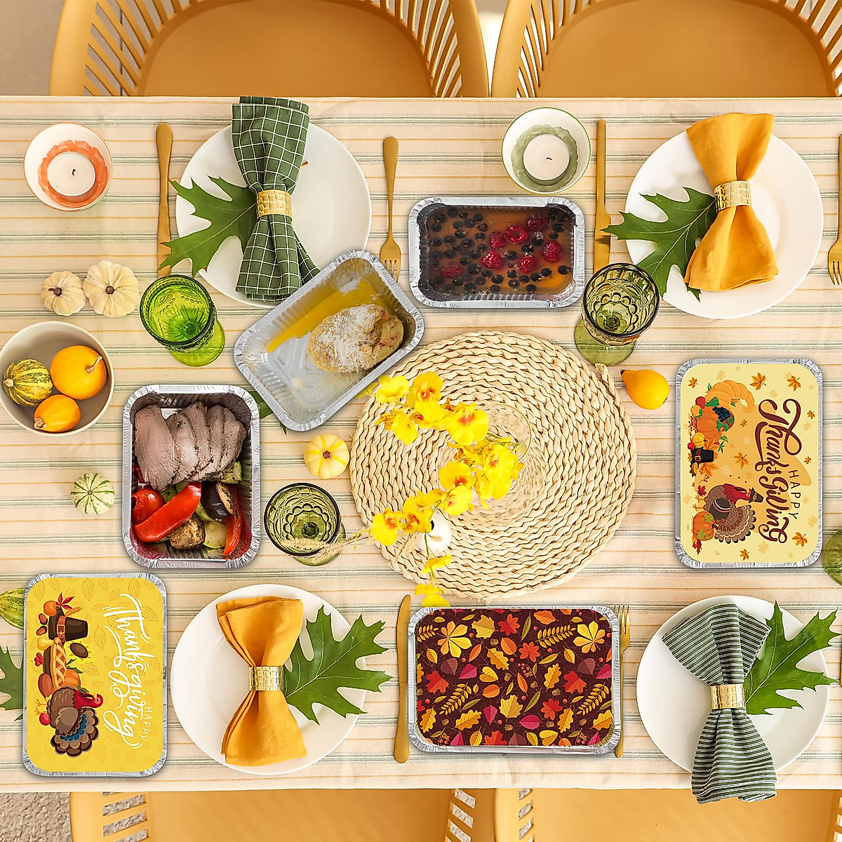 50Pcs Thanksgiving Take Home Containers Aluminum Food Containers with Lids Autumn Leftover Disposable Fall Hosting Essentials Party Favor Baking Cake Pans for Cooking,Heating,Roasting,BBQ 7.3x5.3 Inch