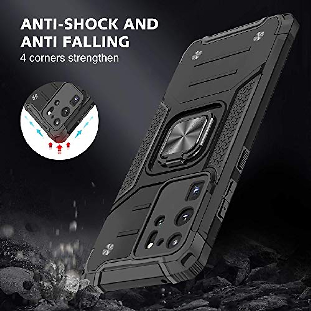 Anqrp Galaxy S20 Ultra Case, Military Grade Protective Phone Case Cover with Enhanced Metal Ring Kickstand [Support Magnet Mount] Compatible with Samsung Galaxy S20 Ultra, Black