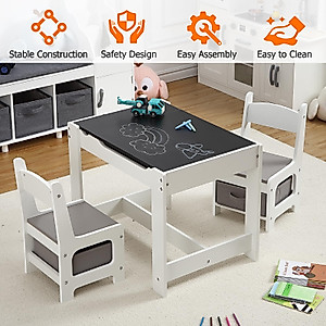 Kids Table and Chair Set, 3 in 1 Children Activity Table w/Storage, Removable Tabletop, Blackboard, 3-Piece Toddler Furniture Set for Art, Crafts, Drawing, Reading, Playroom (Grey)