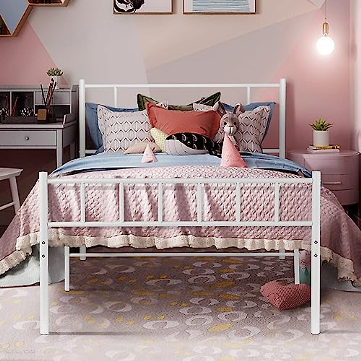 4 EVER WINNER Twin Metal Bed Frame with Headboard, Twin Metal Platform Bed Frame for Kids, No Box Spring Needed, Mattress Foundation for Storage, Easy Assembly, Noise-Free, White