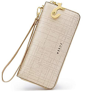 iFOXER Women Leather Long Wallet Fashion Elegant Card Holder Purse Zipper Gift Box Packaging (Gold)