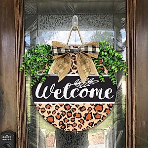 Autumn Decorations Leopard Wreath with Bow Indoor Outdoor - Halloween Leopard Welcome Sign Decorative for Front Door Wall Home Garden Decor