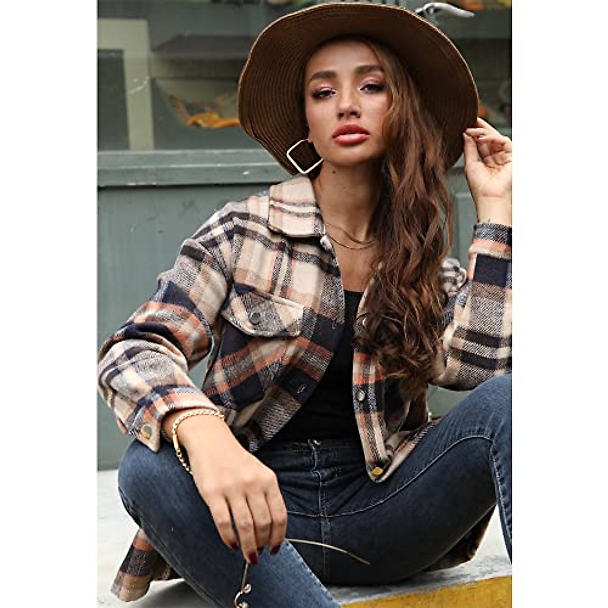 Women Classic Flannel Plaid Jacket Button Down Boyfriend Long Sleeve Lapel Shirts Casual Blouses Tops (Orange, Medium)